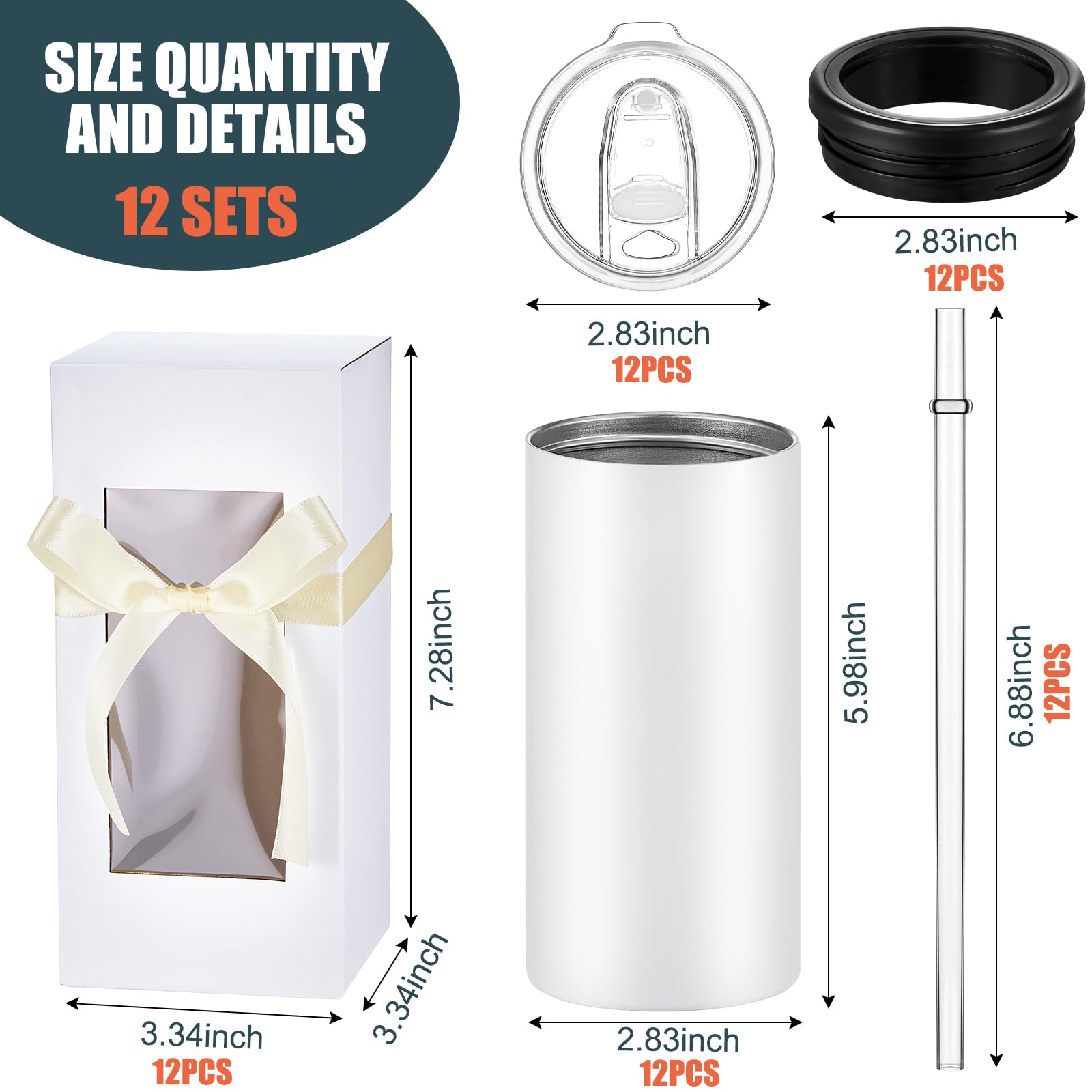Meanplan 12 Pack Sublimation Skinny Can Cooler 12 oz White Sublimation Can Holder Blanks Insulated Stainless Steel Sublimation Drink Tumbler Holder with Gift Boxed Straws for Valentines(Tall Style)