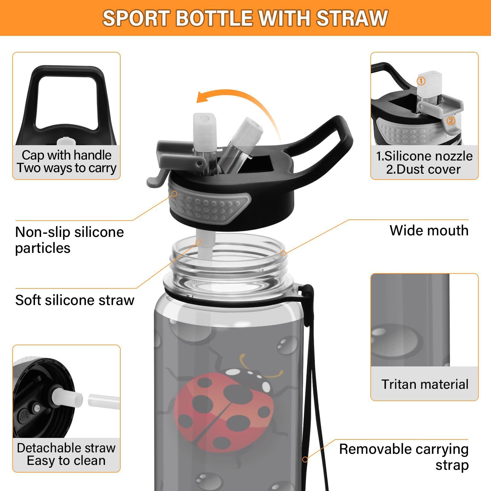 xigua Ladybug Water Bottle with Straw Lid,32 oz Leakproof Sport Water Bottle with Wide Handle for Gym,Cycling,School,Travel
