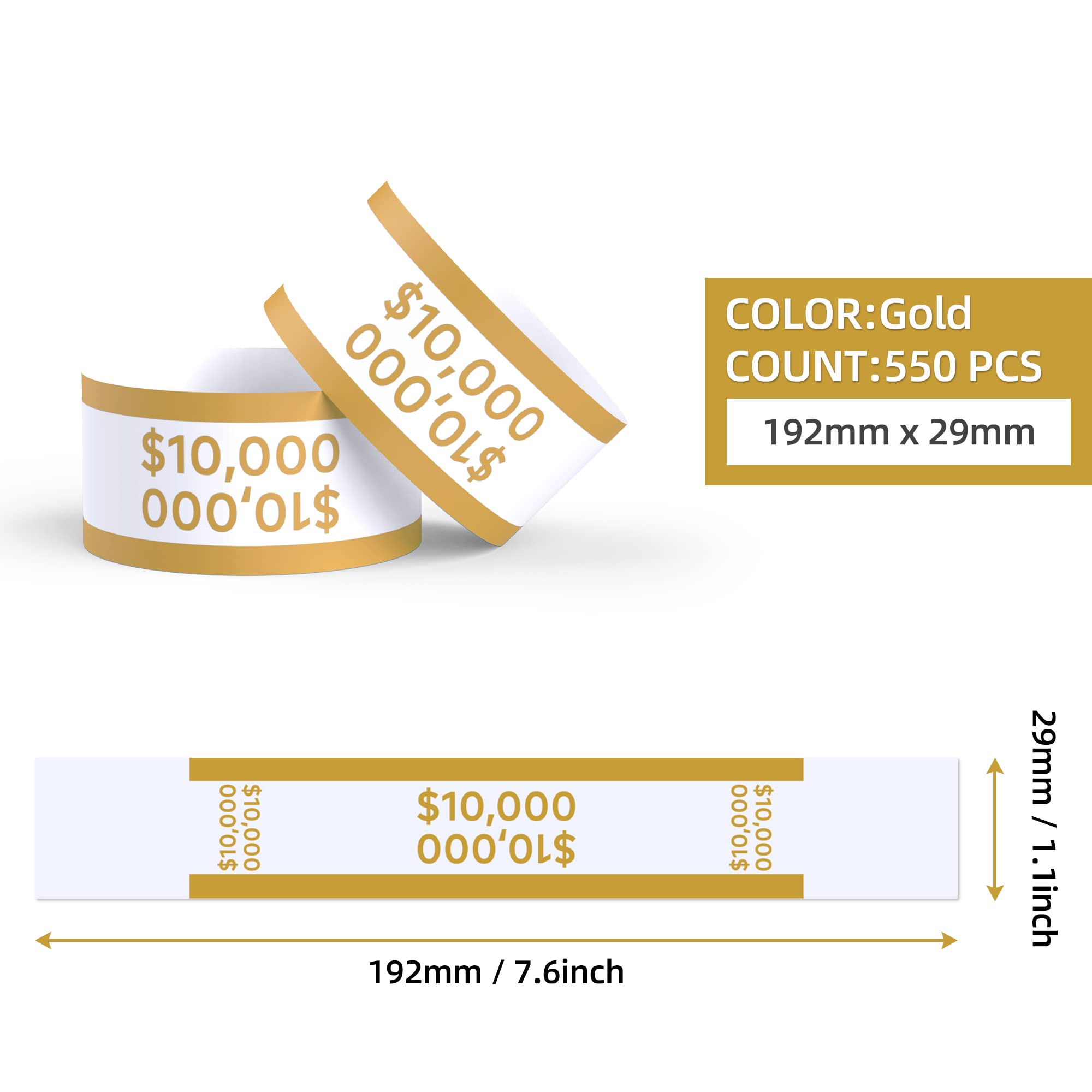 Money Bands 550 Pack for Cash Self Adhesive Wrappers for Bills Currency Straps for Dollar Wraps Organizer($10000 / Gold)