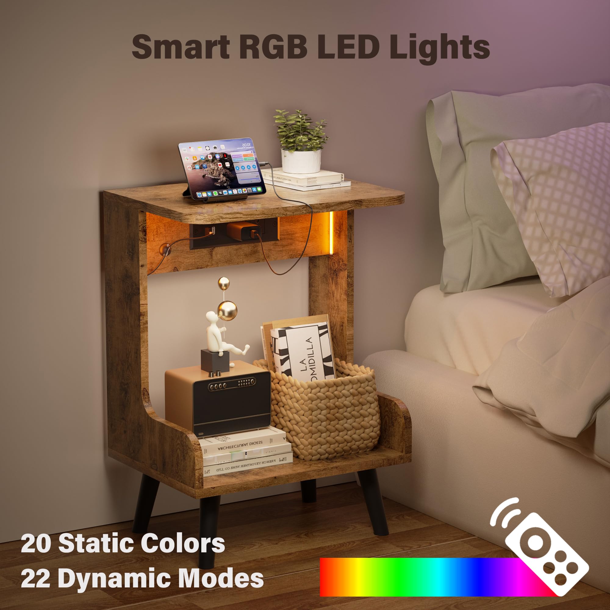 GYIIYUO Night Stands Set of 2 with Charging Station and Led Lights, Solid Wood Side Table with USB Ports and Outlets, Unique End Tables, for Bedroom, Rustic Brown