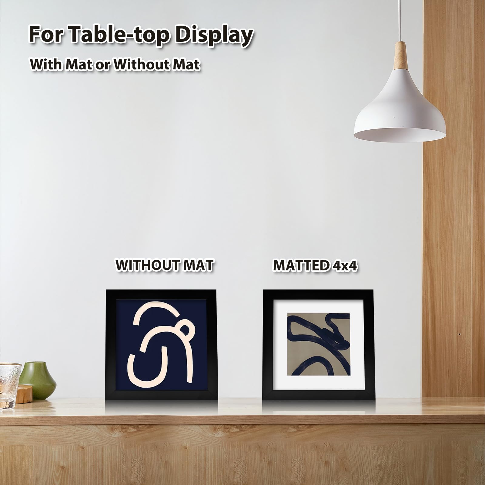 KINLINK 6x6 Picture Frame Black Set of 4, Wooden Square Photo Frames Matted 4x4 with Plexiglass for 4x4 with Mat or 6x6 without Mat for Table and Wall Display