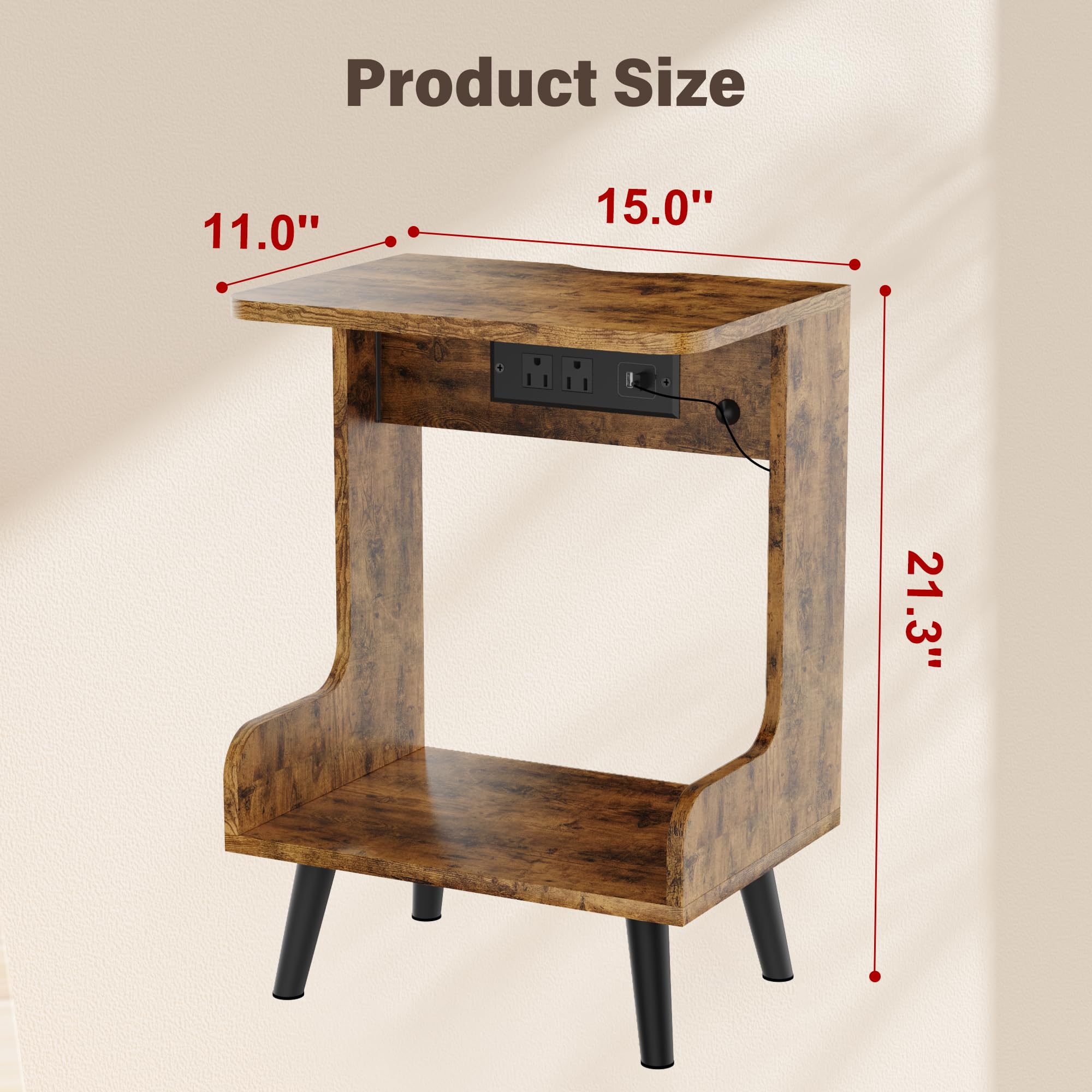 GYIIYUO Night Stands Set of 2 with Charging Station and Led Lights, Solid Wood Side Table with USB Ports and Outlets, Unique End Tables, for Bedroom, Rustic Brown
