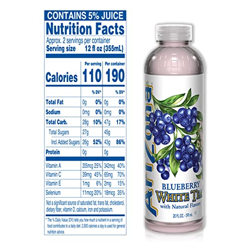 AriZona Blueberry White Tea - Premium Brewed Iced Tea, 20 Fl Oz (Pack of 12)