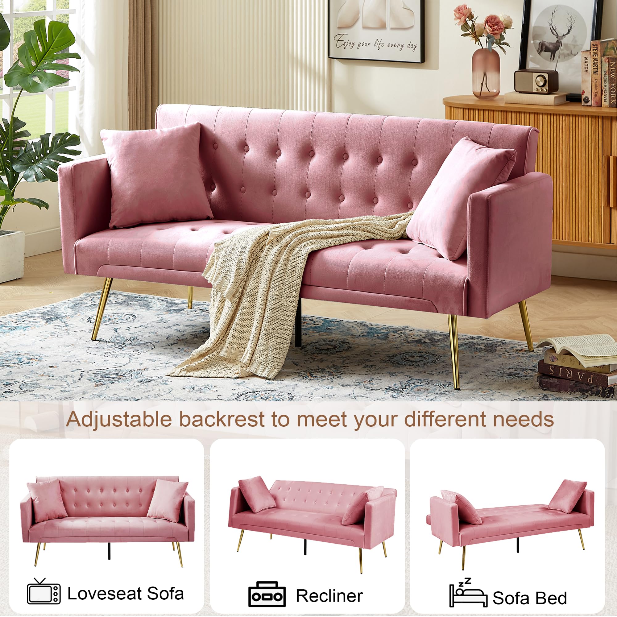 Anwick 72" Modern Velvet Sofa Bed Futon,Convertible Folding Sleeper Bed Couches with 3 Adjustable Backrests,Tufted Recliner Loveseat with Golden Chrome Legs for Small Living Room Office (Pink)