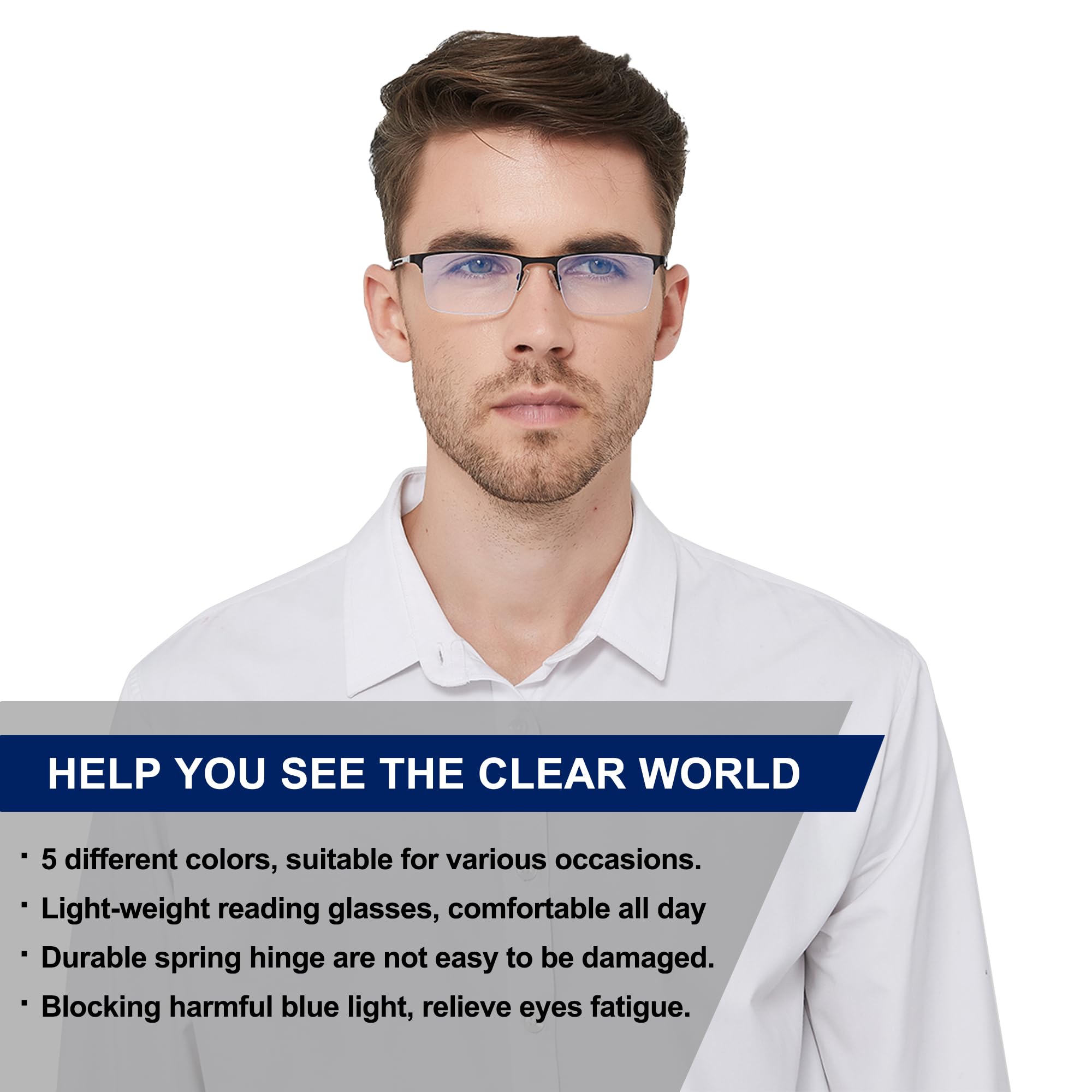 LOUOL Reading Glasses for Men, Blue Light Blocking Readers, Half Frame Metal Readers Spring Hinge Lightweight, 3-Pack +1.75 Strength