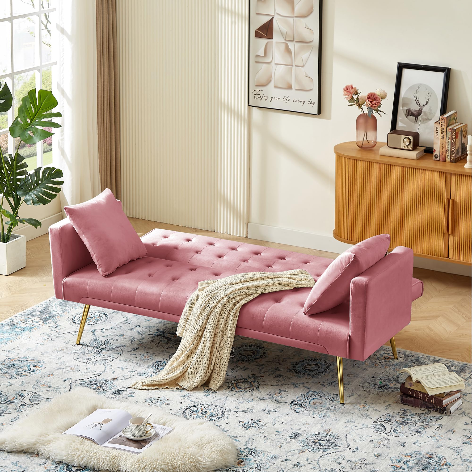 Anwick 72" Modern Velvet Sofa Bed Futon,Convertible Folding Sleeper Bed Couches with 3 Adjustable Backrests,Tufted Recliner Loveseat with Golden Chrome Legs for Small Living Room Office (Pink)