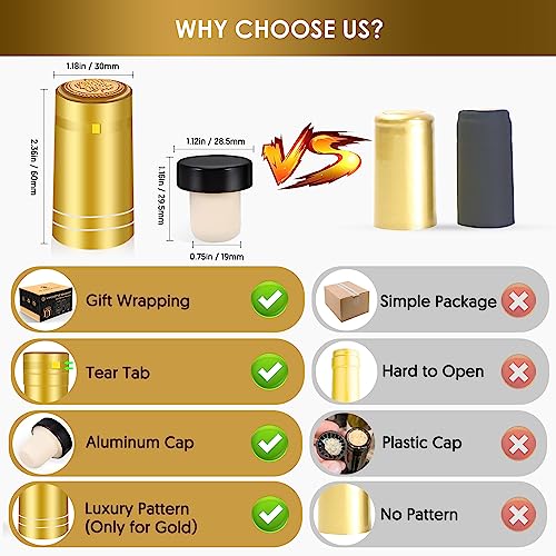 GUANFU Wine Bottle Sealer Kits - 12 Wine Bottle Cork w/Metal Top 30 Seals Heat Shrink Wrap Caps w/Tear Tab Plastic Shrink Capsules Tasting Corks Cruise Essentials for Alcohol Bottles Homemade Crafts
