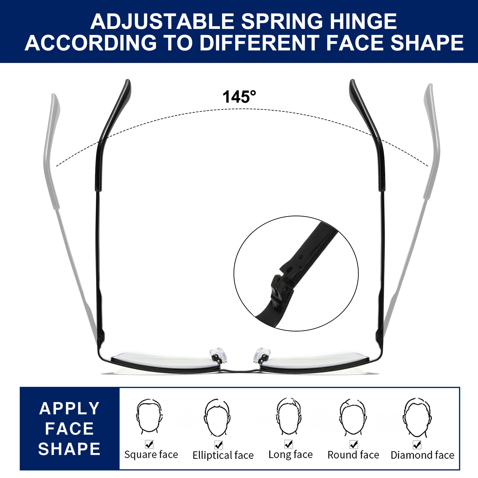 LOUOL Reading Glasses for Men, Blue Light Blocking Readers, Half Frame Metal Readers Spring Hinge Lightweight, 3-Pack +1.75 Strength