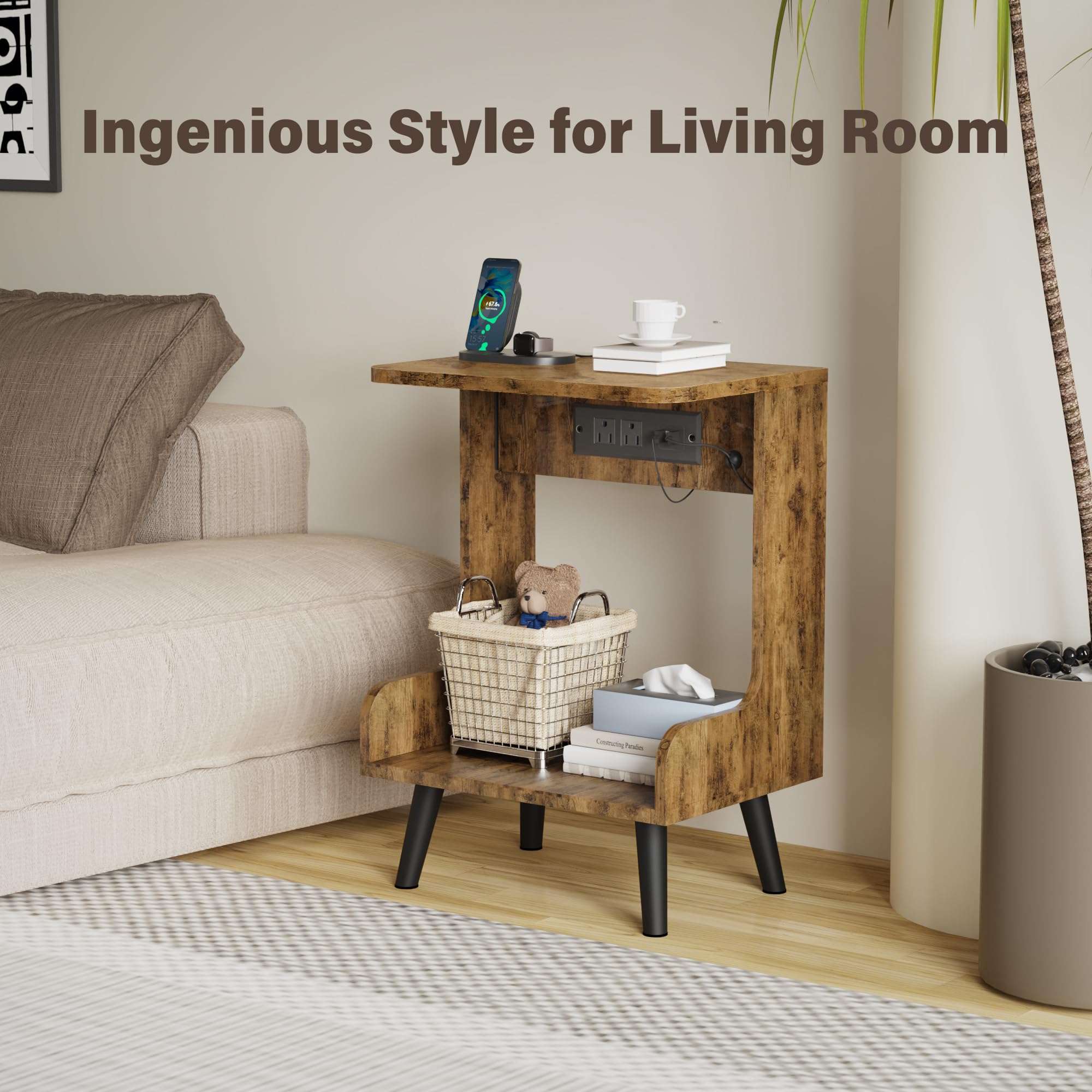 GYIIYUO Night Stands Set of 2 with Charging Station and Led Lights, Solid Wood Side Table with USB Ports and Outlets, Unique End Tables, for Bedroom, Rustic Brown