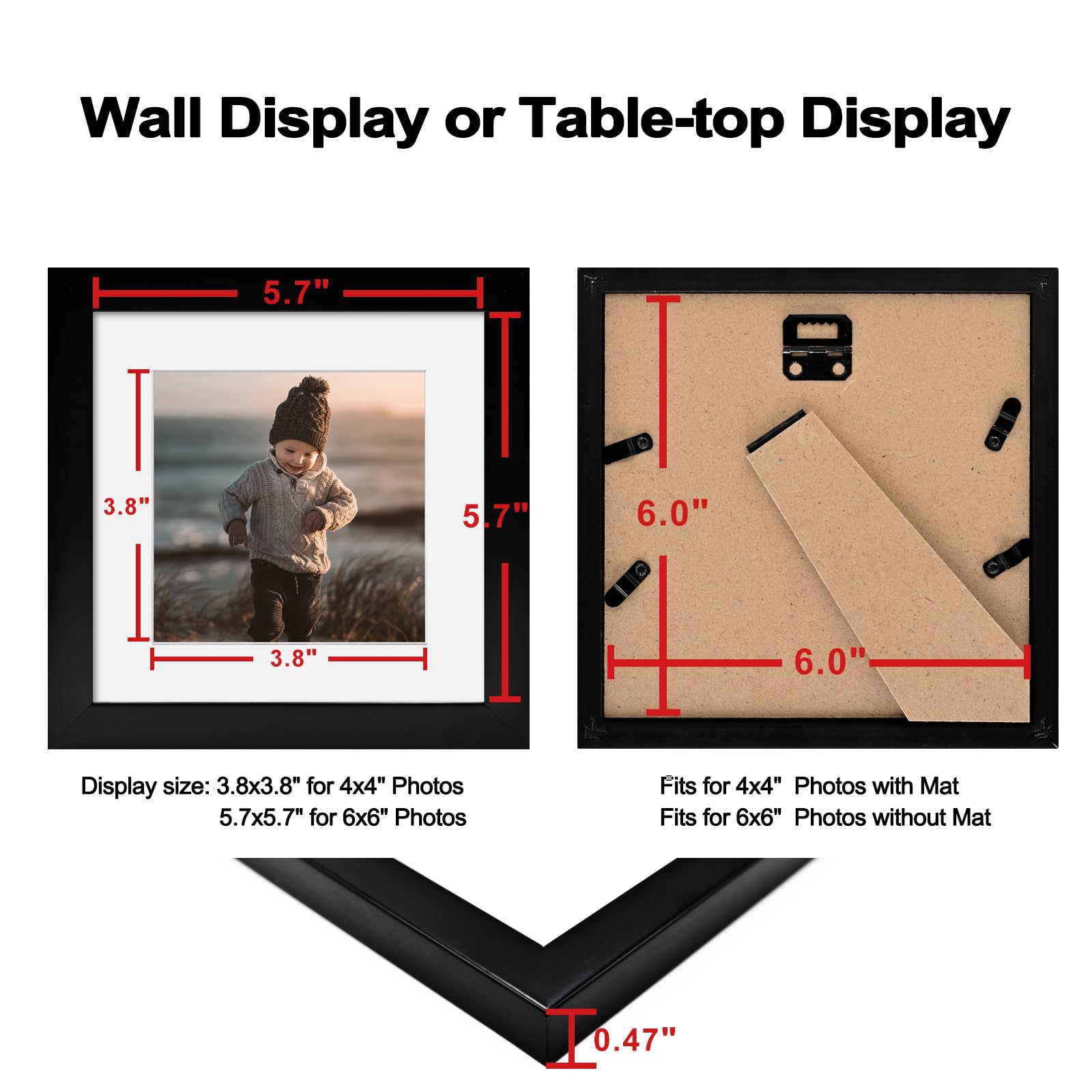 KINLINK 6x6 Picture Frame Black Set of 4, Wooden Square Photo Frames Matted 4x4 with Plexiglass for 4x4 with Mat or 6x6 without Mat for Table and Wall Display