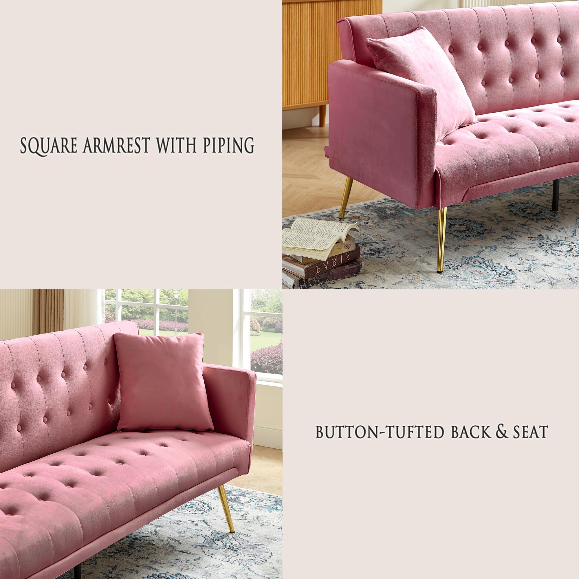 Anwick 72" Modern Velvet Sofa Bed Futon,Convertible Folding Sleeper Bed Couches with 3 Adjustable Backrests,Tufted Recliner Loveseat with Golden Chrome Legs for Small Living Room Office (Pink)