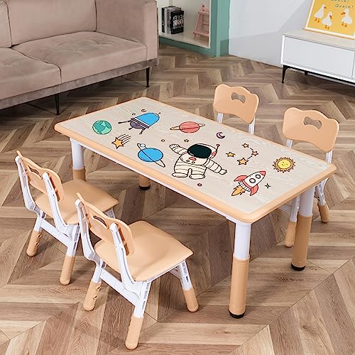 JONUTATO Toddler Table and Chair Set, Height-Adjustable Toddler Desk with 4 Seats, Kids Table and Chair Set for Girls & Boys Age 2-10, Scrub-Table Desktop Kids Study Table for Daycare, Brown