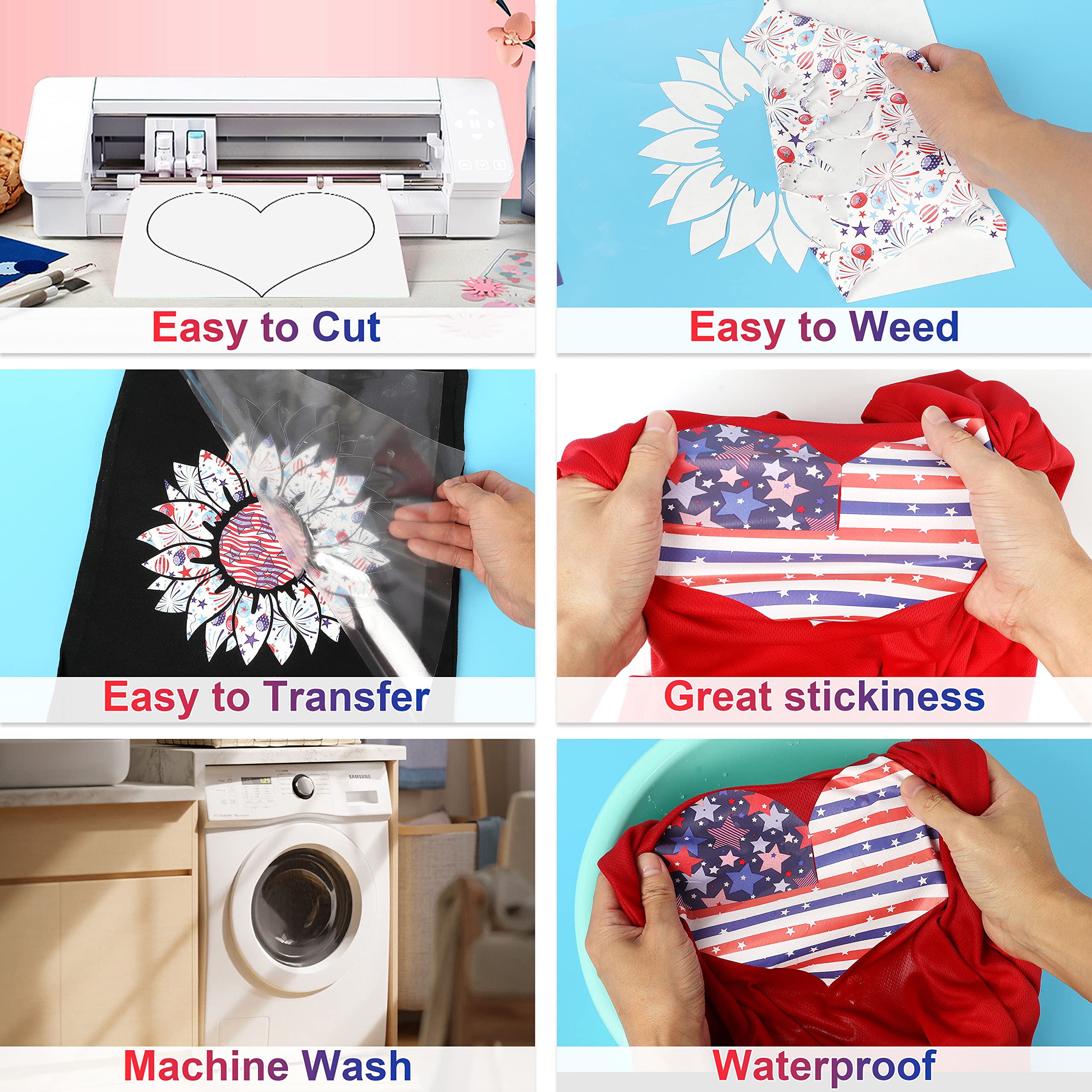 4th of July HTV Vinyl Bundle: Patriotic Heat Transfer Vinyl Red White Blue HTV Iron on Vinyl 10 Pack 12x10 Inch American Flag Pattern Sheets for Cricut