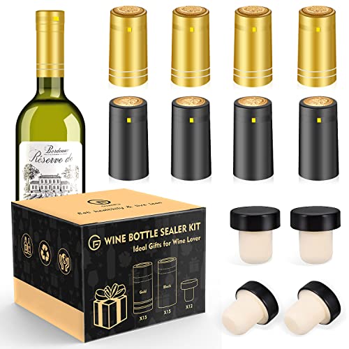 GUANFU Wine Bottle Sealer Kits - 12 Wine Bottle Cork w/Metal Top 30 Seals Heat Shrink Wrap Caps w/Tear Tab Plastic Shrink Capsules Tasting Corks Cruise Essentials for Alcohol Bottles Homemade Crafts