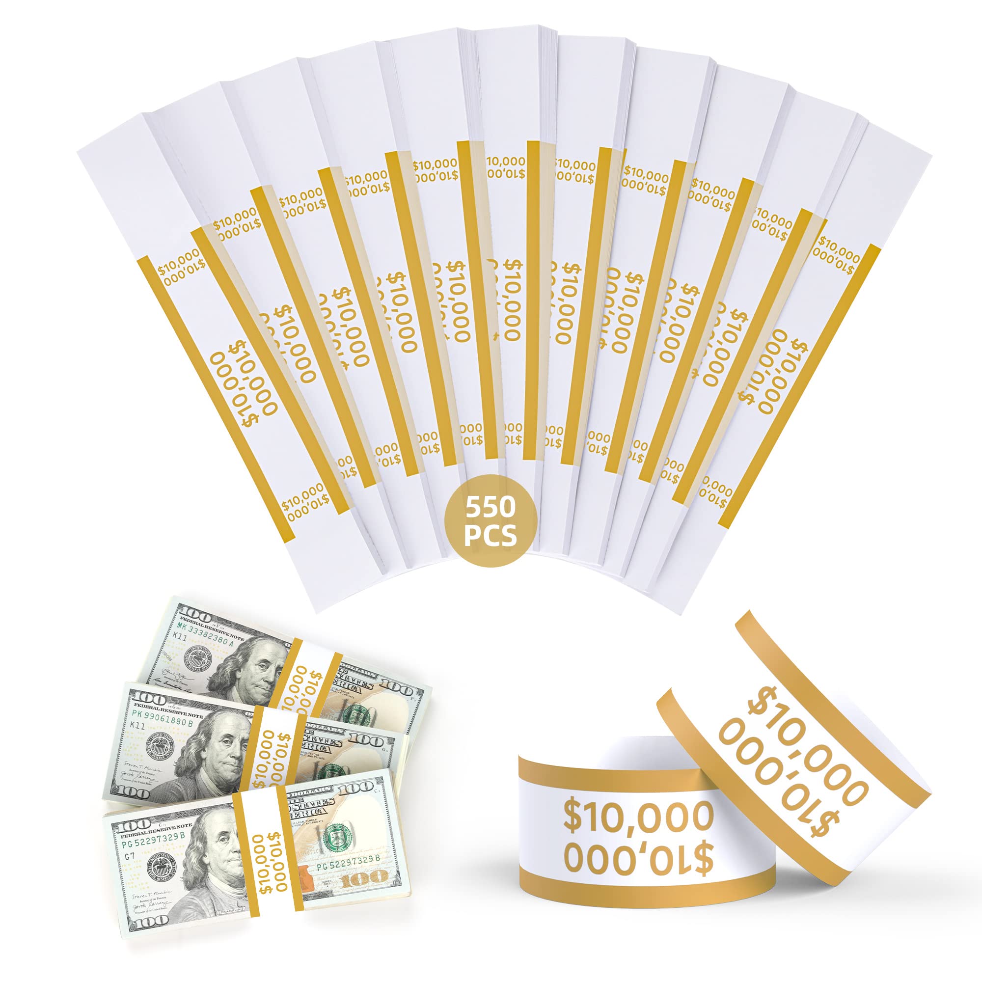 Money Bands 550 Pack for Cash Self Adhesive Wrappers for Bills Currency Straps for Dollar Wraps Organizer($10000 / Gold)