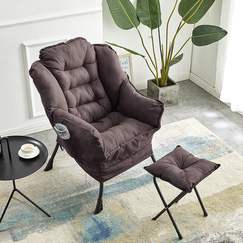 HIGOGOGO Lazy Chair and Folding Footrest Stool Set, Accent Chair for Living Room with Portable Ottoman, Sofa Chair Steel Frame Leisure Bedroom Chair and Anti-Slip Footstool, Brown
