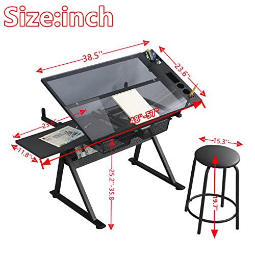Gynsseh Glass Drafting Table Drawing Desk with Stool, Height Adjustable Art Desk for Adults/Artists, Tiltable Tabletop Professional Art Table Paintings Desk for Home Office School (Black)