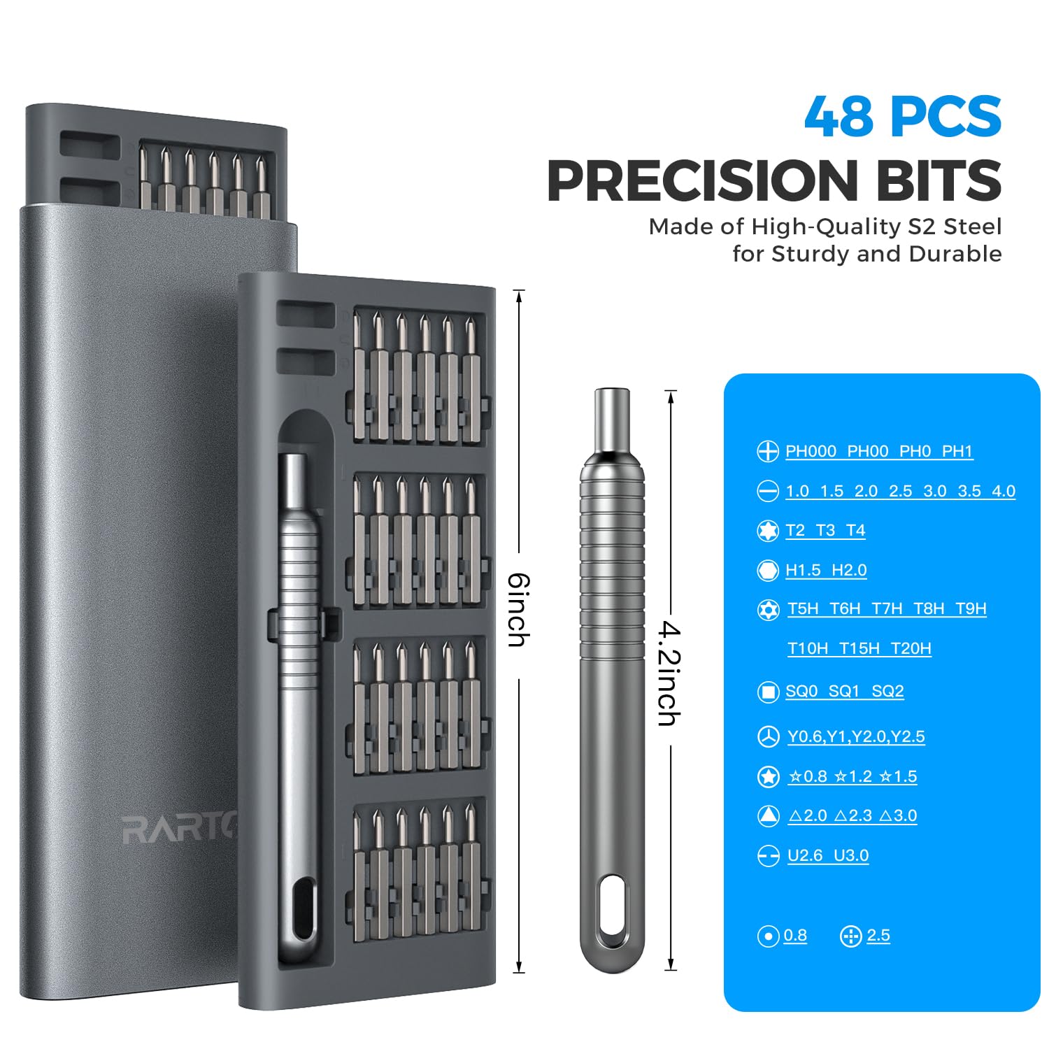 RARTOP Screwdriver - 51 in 1 Screwdriver Set with 48Pcs Mini Screwdriver Bits, Magnetic Screwdriver Phillips, Slotted, Square, Torx, Hex, Screwdriver Hand Tool Set for Electronics Repair