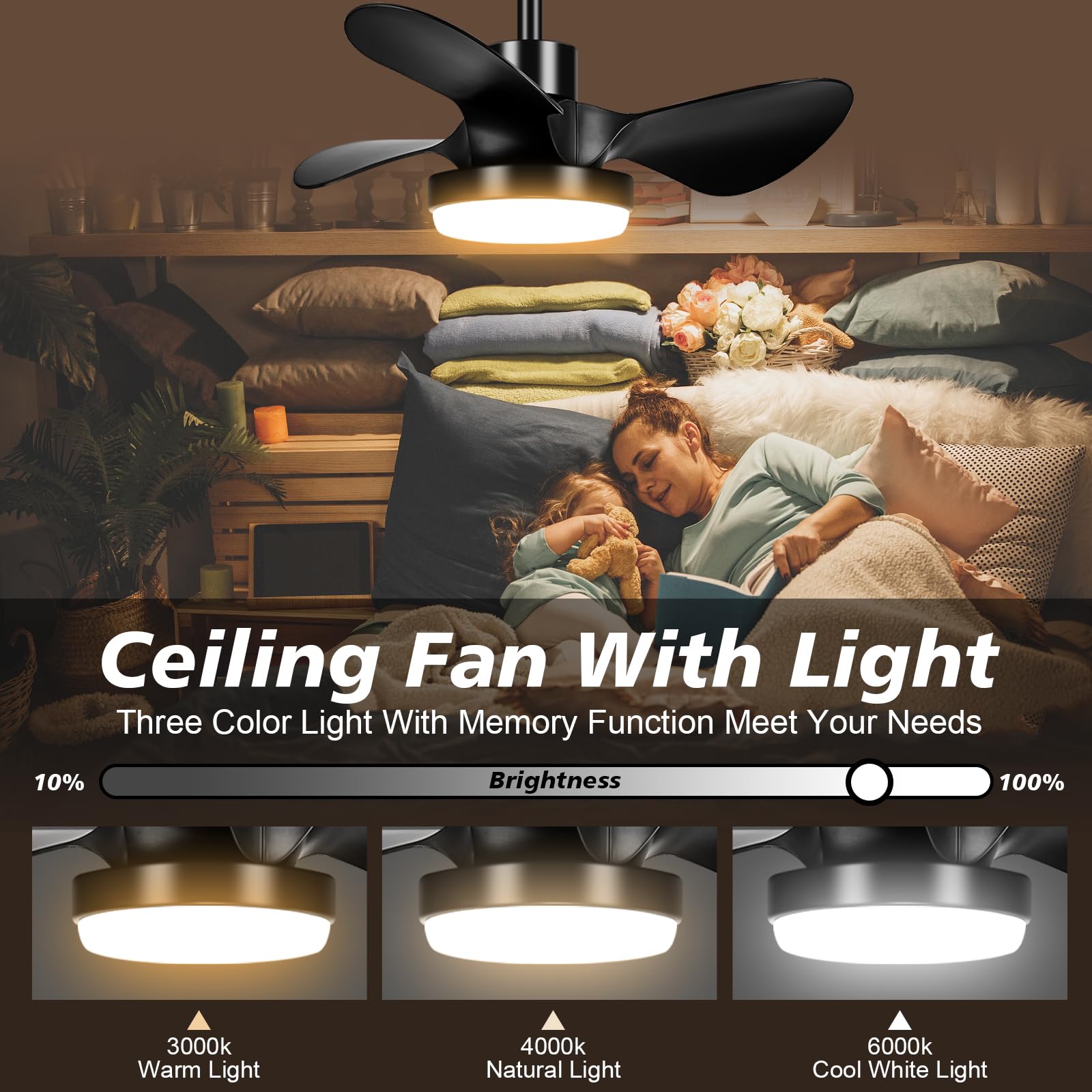 Black Ceiling Fans with Lights and Remote, 25 Inch Indoor Outdoor Dimmable Ceiling Fans with Light, 3 Blades Modern Ceiling Fan Light with DC Motor for Bedroom, Living Room, Kitchen, Office