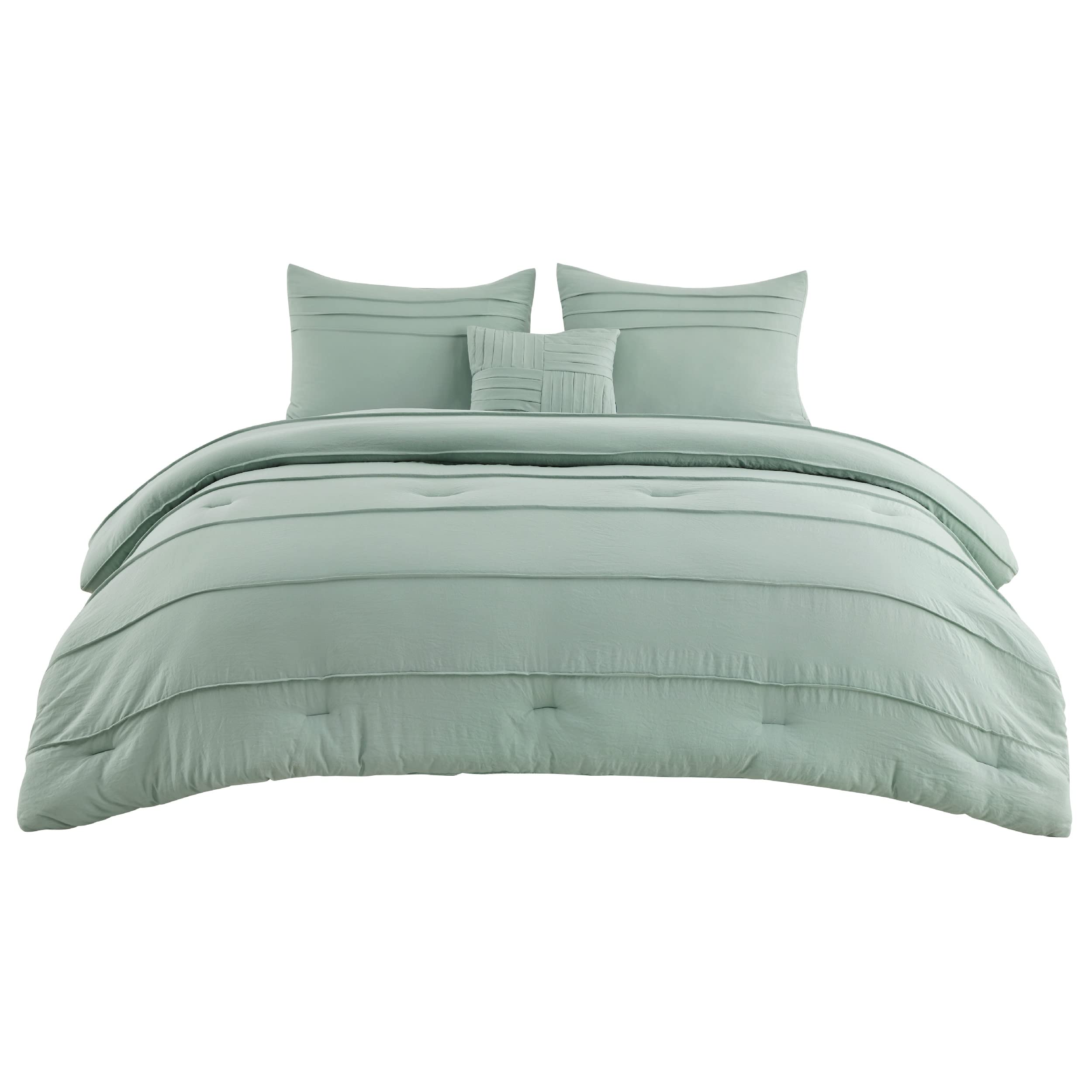 Bedsure Queen Comforter Set - 4 Pieces Pinch Pleat Bed Set, Sage Green Boho Bedding for All Season, 1 Soft Comforter, 2 Pillowcases, 1 Decorative Pillow