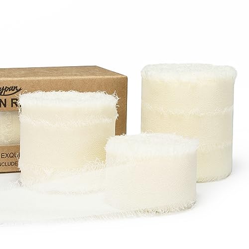 Keypan Chiffon Ribbon Ivory Silk 1" 1.5" 2" x 7Yd Set Handmade Fringe Wedding Ribbons for Gift Wrapping Bridal Flower Bouquet Baby Shower