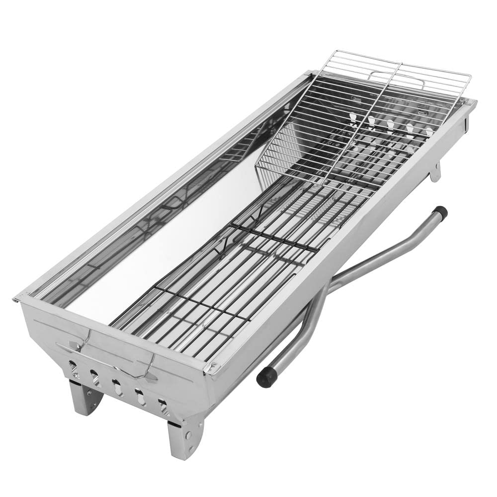 Compact and Foldable Stainless Steel Grill for Camping and Tailgating - Portable Charcoal BBQ Smoker with Removable Grate and Ash Adjustable Air Vents - Outdoor Cooking Made Easy