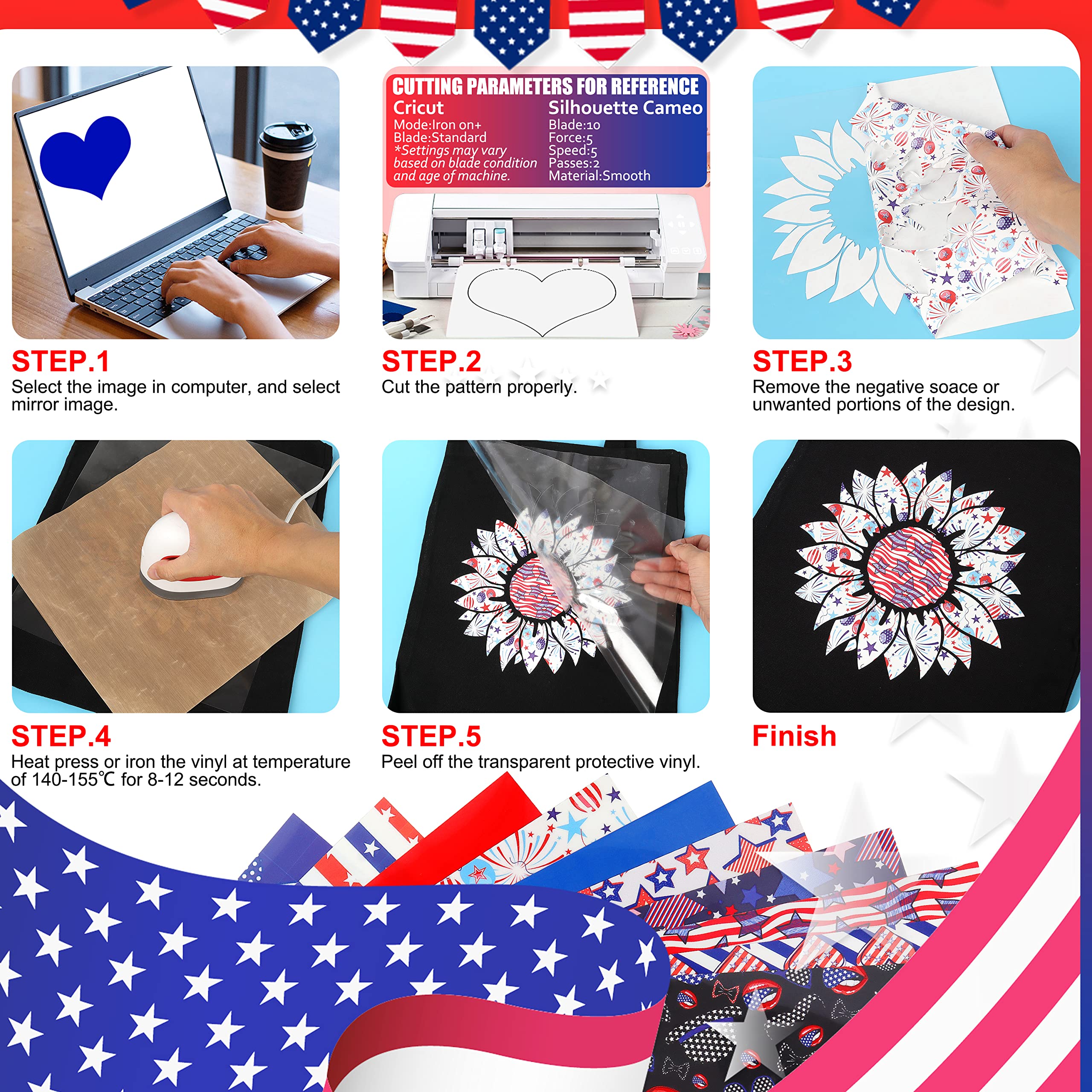 4th of July HTV Vinyl Bundle: Patriotic Heat Transfer Vinyl Red White Blue HTV Iron on Vinyl 10 Pack 12x10 Inch American Flag Pattern Sheets for Cricut