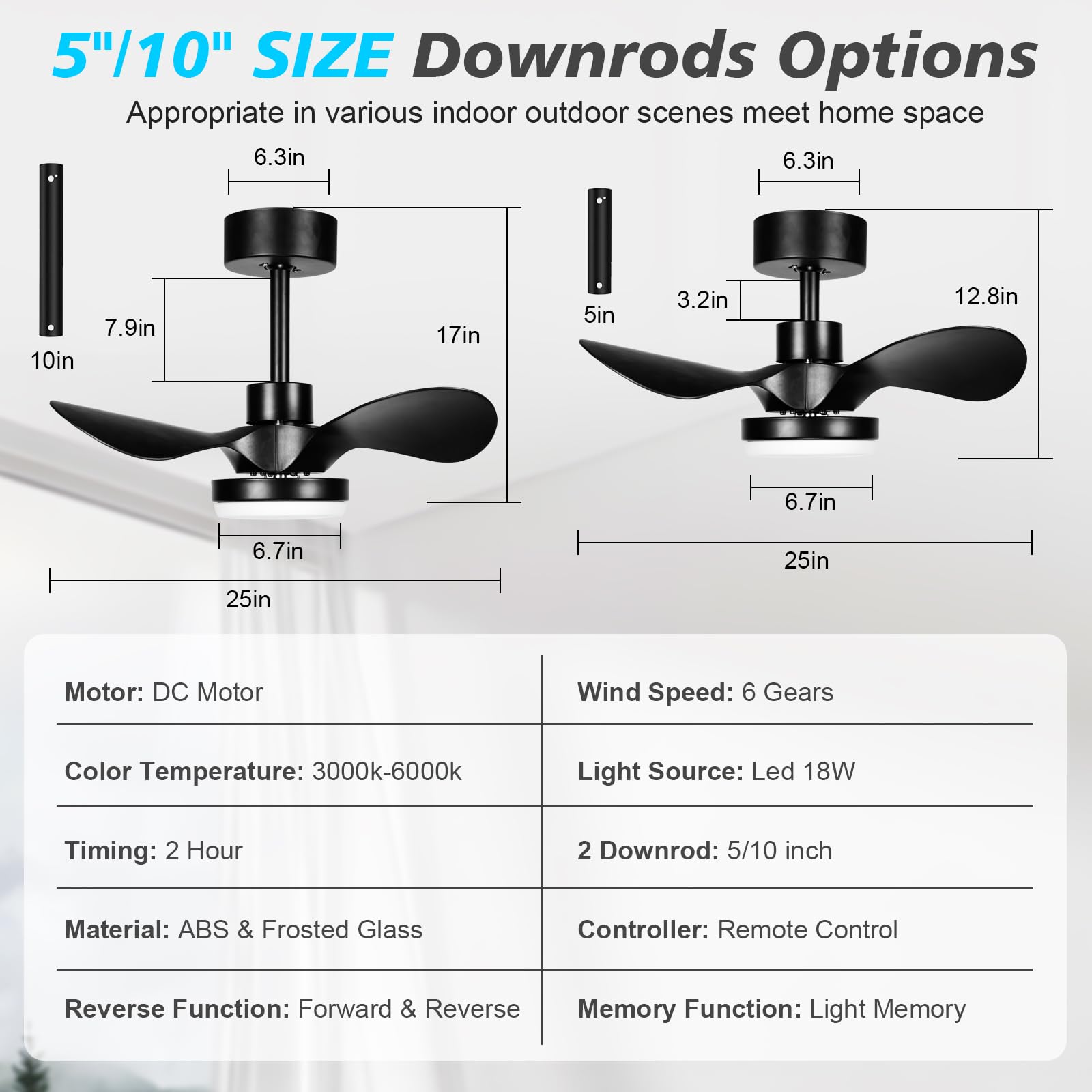 Black Ceiling Fans with Lights and Remote, 25 Inch Indoor Outdoor Dimmable Ceiling Fans with Light, 3 Blades Modern Ceiling Fan Light with DC Motor for Bedroom, Living Room, Kitchen, Office