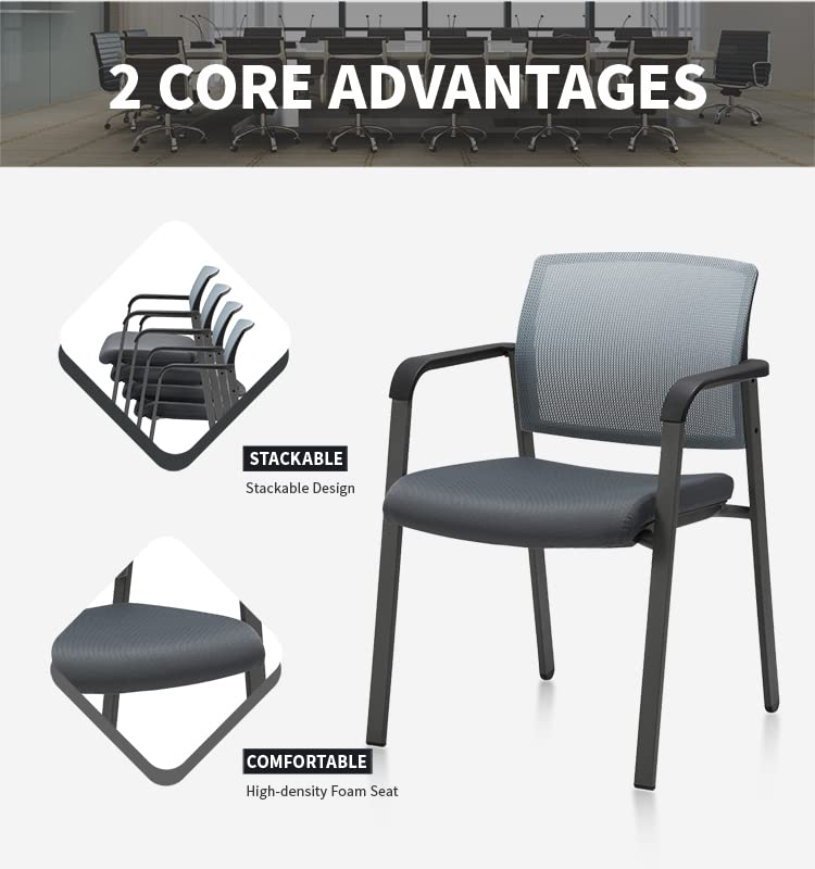 CLATINA Guest Reception Stacking Office Chairs with Arm, Mesh Back Waiting Room Chair with Upholstered Fabric Seat and Ergonomic Lumbar Support for Office Conference School Church, Grey