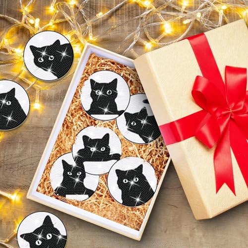 8 Pcs Black Cat Diamond Art Coasters Kits with Holder DIY Cute Cat Diamond Art Coaster Non Slip Coaster for Adults Diamond Kits Supplies for Christmas Gift