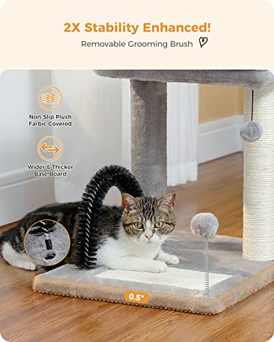 PEQULTI Cat Scratching Post Bed, Cat Scratcher with Sisal Covered Scratching Post and Pad, Self-Grooming Brush for Indoor Kittens and Cats
