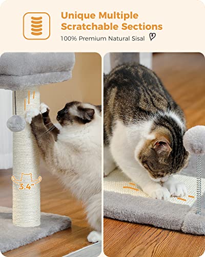 PEQULTI Cat Scratching Post Bed, Cat Scratcher with Sisal Covered Scratching Post and Pad, Self-Grooming Brush for Indoor Kittens and Cats
