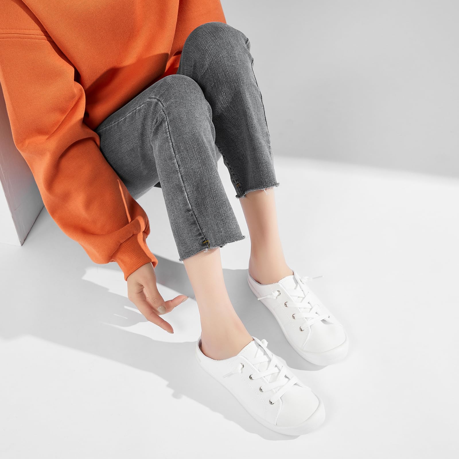 Womens Canvas Mule Sneakers,Memory Foam Backless Sneakers,Casual Slip on Shoes for Women(New White.US7)