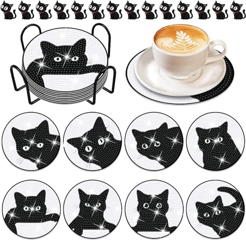 8 Pcs Black Cat Diamond Art Coasters Kits with Holder DIY Cute Cat Diamond Art Coaster Non Slip Coaster for Adults Diamond Kits Supplies for Christmas Gift