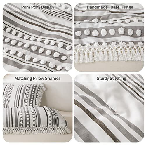 BEDLORE Boho Comforter Set Full/Queen Size, Tufted Gray and White Striped Ball Pom Pom Bedding Set with Tassel Fringe, Farmhouse Shabby Chic Bed Comforter with 2 Pillowshams for All Seasons