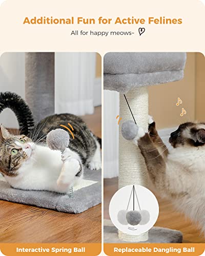 PEQULTI Cat Scratching Post Bed, Cat Scratcher with Sisal Covered Scratching Post and Pad, Self-Grooming Brush for Indoor Kittens and Cats