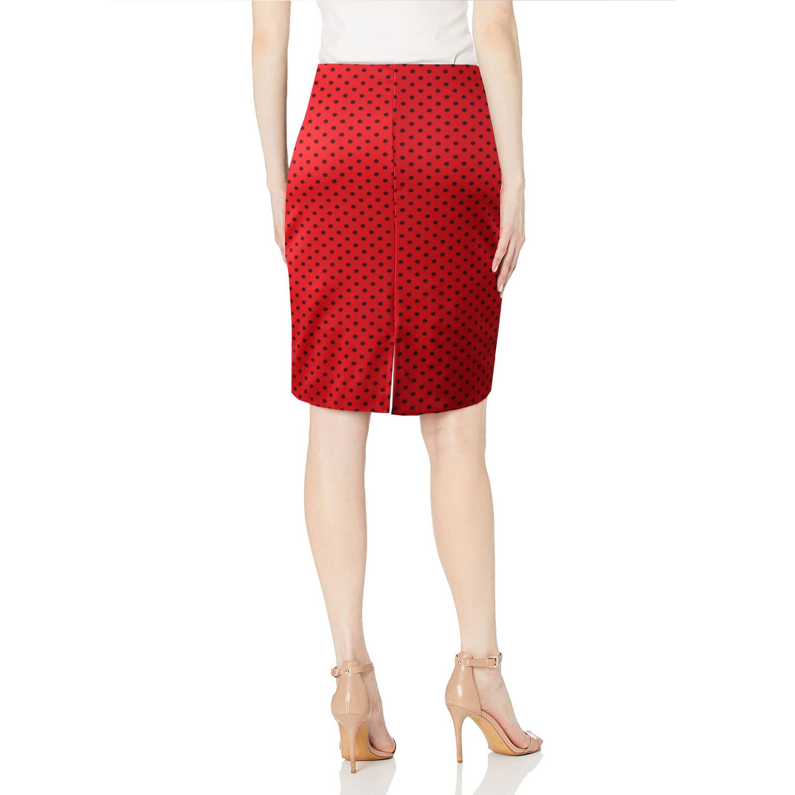 Topdress Women's Bodycon Pencil Skirts Basic Elastic High Waisted Stretch Short Skirt Knee Lenght with Slit Midi Red Black Dot Small