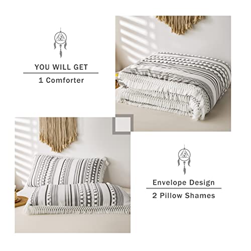 BEDLORE Boho Comforter Set Full/Queen Size, Tufted Gray and White Striped Ball Pom Pom Bedding Set with Tassel Fringe, Farmhouse Shabby Chic Bed Comforter with 2 Pillowshams for All Seasons