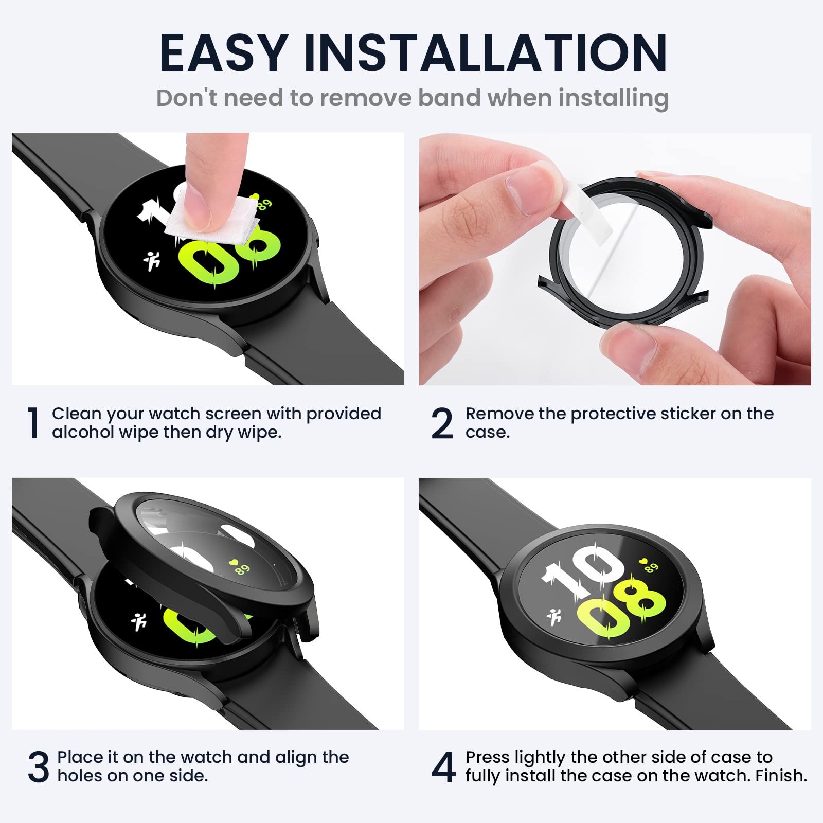 Tensea [4Pack] for Samsung Galaxy Watch 5 2022/4 2021 Screen Protector and Case 44mm, Anti-Fog Tempered Glass Protective Film/Hard PC Bumper, Face Cover Set