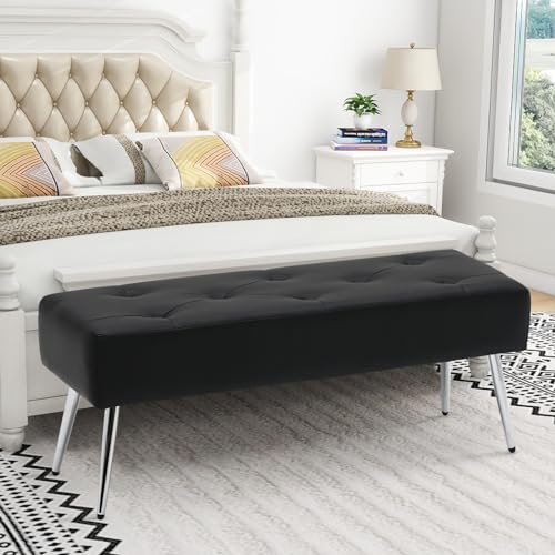 Furnimart Faux Leather Bench Ottoman, Tufted Button Bedroom Benches Footrest in Solid Metal Legs, Long and Dining Bench, Indoor Bench for Entryway Living Room Bedroom (Leather-Black)