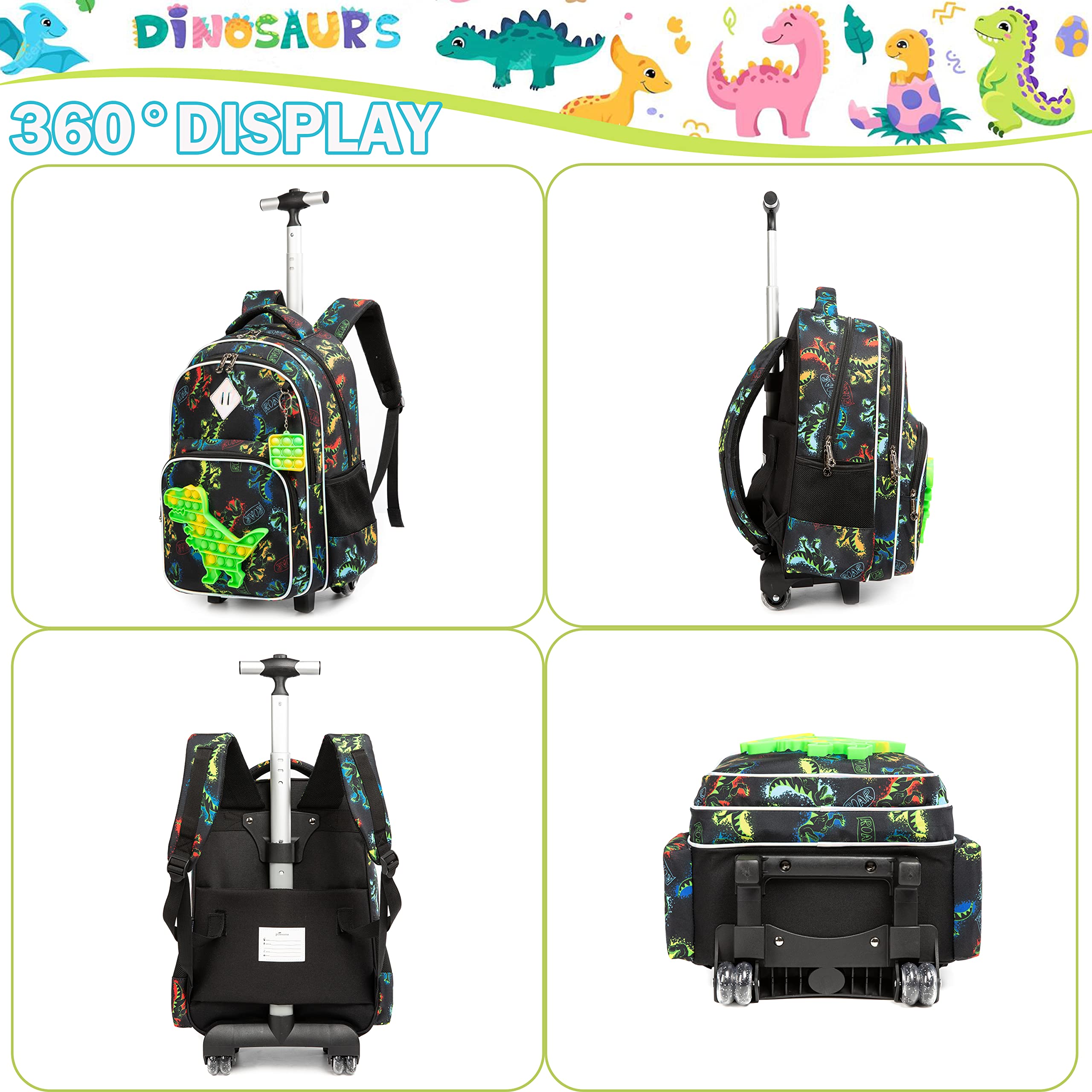 Meetbelify Rolling Backpack for Boys with Lunch Box Set Dinosaur Backpack with Wheels Kids Travel Suitcase Laptop Luggage for Boys Age 6-8