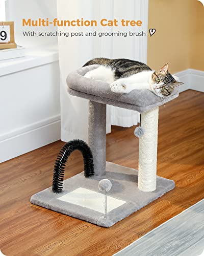 PEQULTI Cat Scratching Post Bed, Cat Scratcher with Sisal Covered Scratching Post and Pad, Self-Grooming Brush for Indoor Kittens and Cats