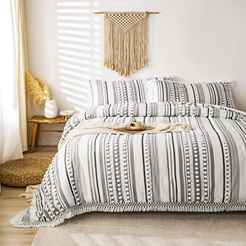 BEDLORE Boho Comforter Set Full/Queen Size, Tufted Gray and White Striped Ball Pom Pom Bedding Set with Tassel Fringe, Farmhouse Shabby Chic Bed Comforter with 2 Pillowshams for All Seasons