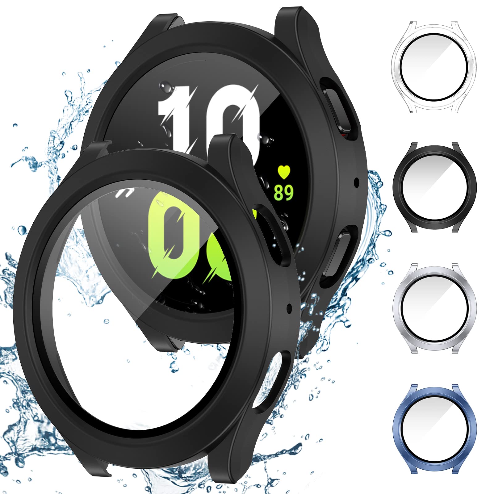 Tensea [4Pack] for Samsung Galaxy Watch 5 2022/4 2021 Screen Protector and Case 44mm, Anti-Fog Tempered Glass Protective Film/Hard PC Bumper, Face Cover Set