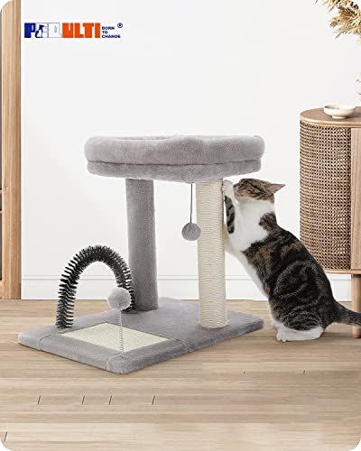 PEQULTI Cat Scratching Post Bed, Cat Scratcher with Sisal Covered Scratching Post and Pad, Self-Grooming Brush for Indoor Kittens and Cats