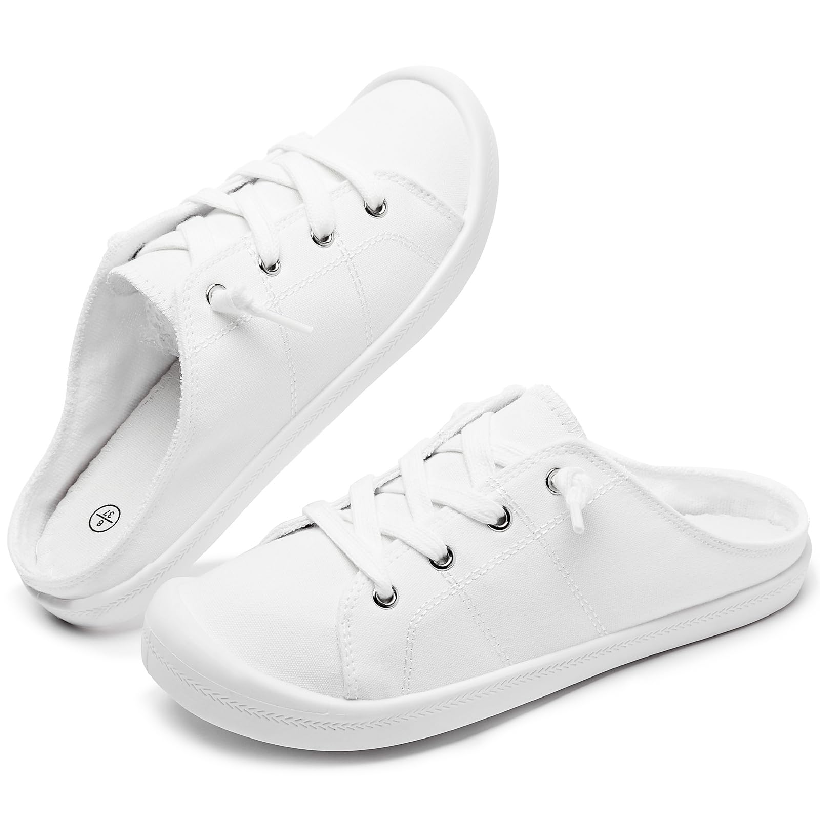 Womens Canvas Mule Sneakers,Memory Foam Backless Sneakers,Casual Slip on Shoes for Women(New White.US7)