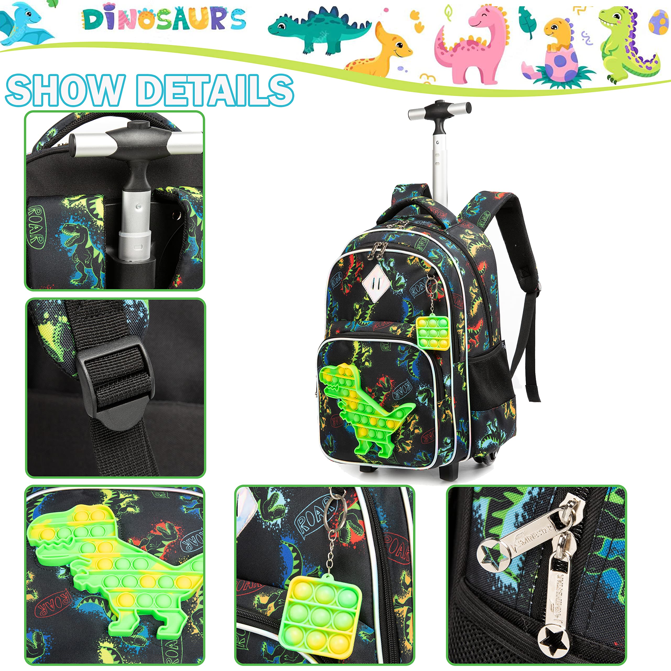 Meetbelify Rolling Backpack for Boys with Lunch Box Set Dinosaur Backpack with Wheels Kids Travel Suitcase Laptop Luggage for Boys Age 6-8