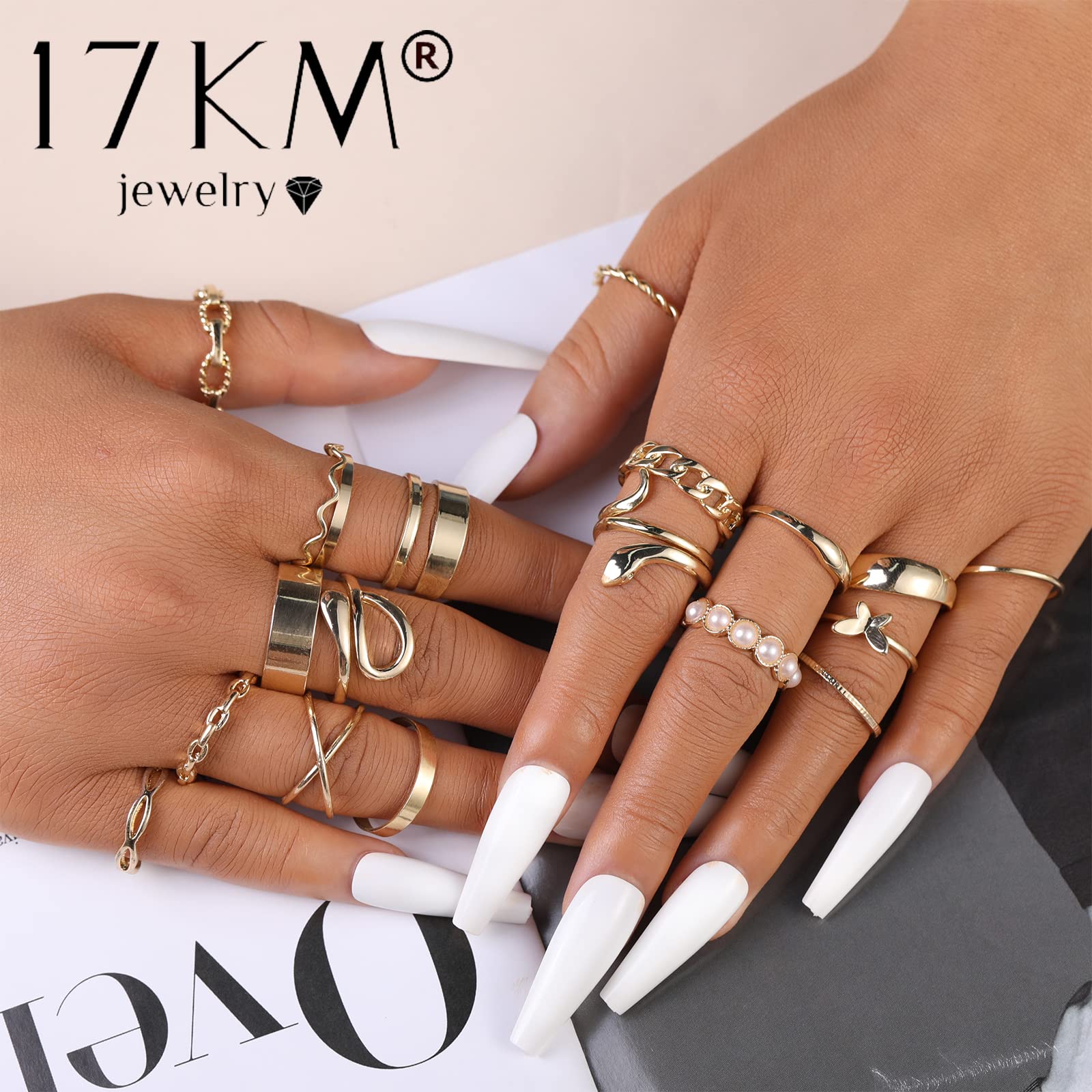 Gold Kunckle Rings Set for Women, 19 Pcs Cute Stackable Rings Pack Boho Snake Butterfly Statement Vintage Rings Set for Jewelry