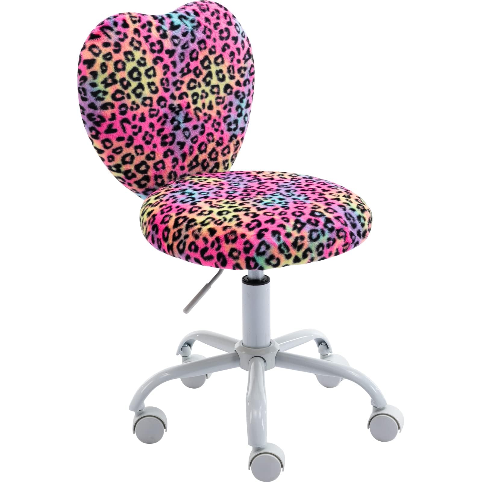 LZAREAL Cute Fuzzy Kids Chair for Teenage Girls Rolling Study Desk Student Chair Furry Computer Task Chair, Adjustable Heart Shaped Reading Vanity Chair for Bedroom, Leopard