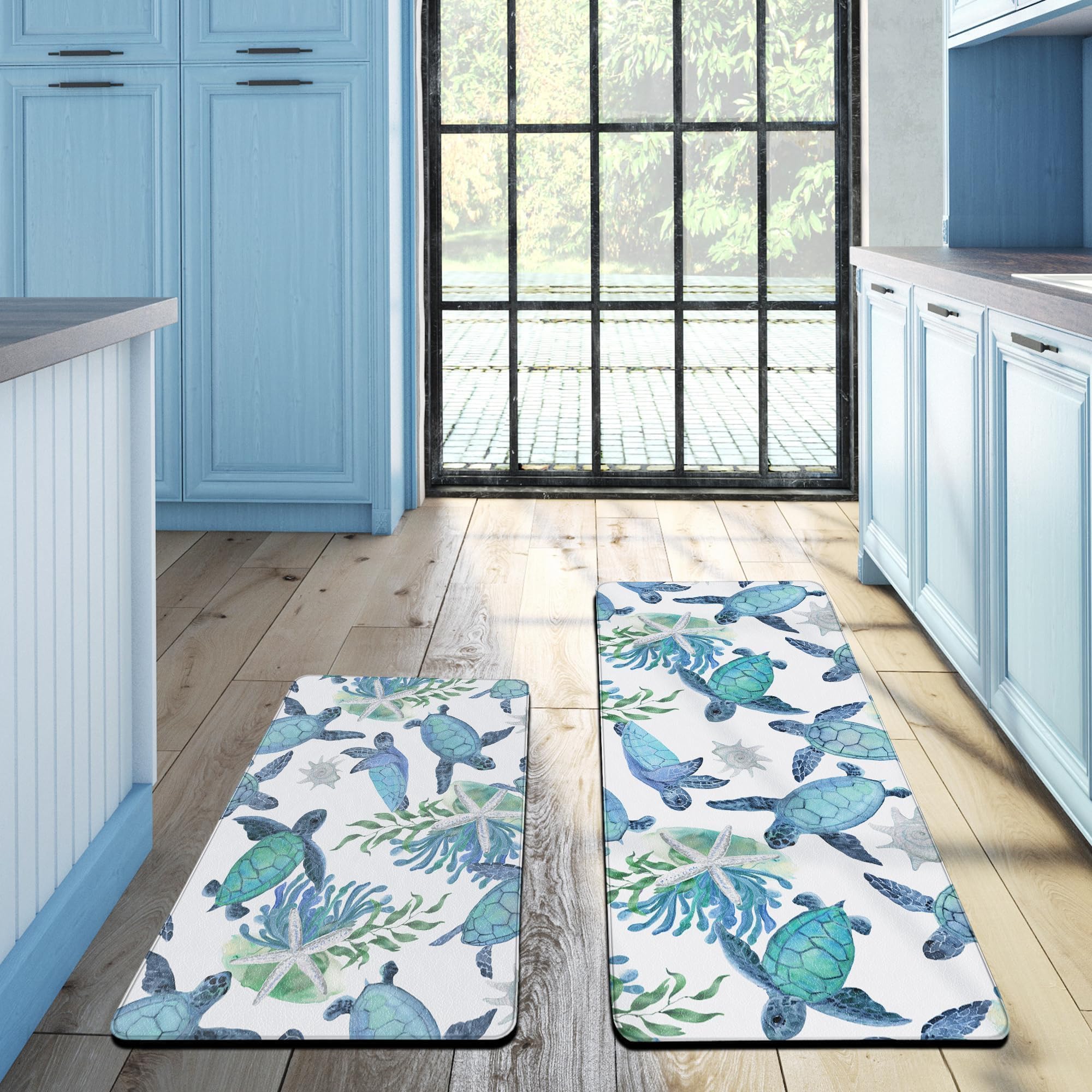 Tritard Coastal Beach Kitchen Rugs Mats Set of 2 Cushioned Anti Fatigue Kitchen Floor Mat 0.4 Inch Sea Turtles Non Slip Waterproof Kitchen Rug PVC Leather Comfort Mats for Kitchen, Blue, 17x28+17x47